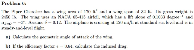 SOLVED: Problem 6: The Piper Cherokee has a wing area of 170 ftÂ² and a ...