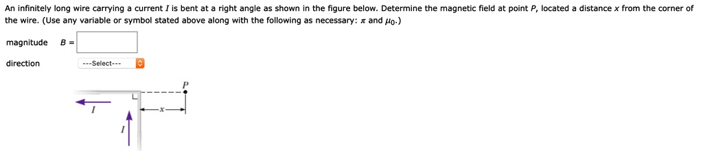 An infinitely long wire carrying a current I is bent at a right angle ...