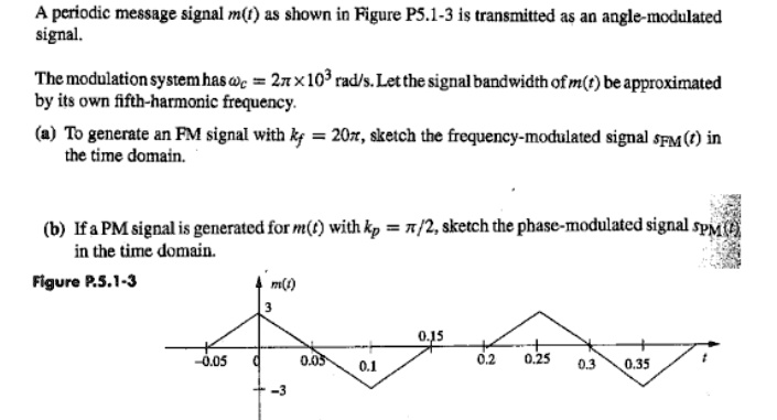 SOLVED: A periodic message signal m(t) is shown in Figure PS.1-3 and is transmitted as an angle ...