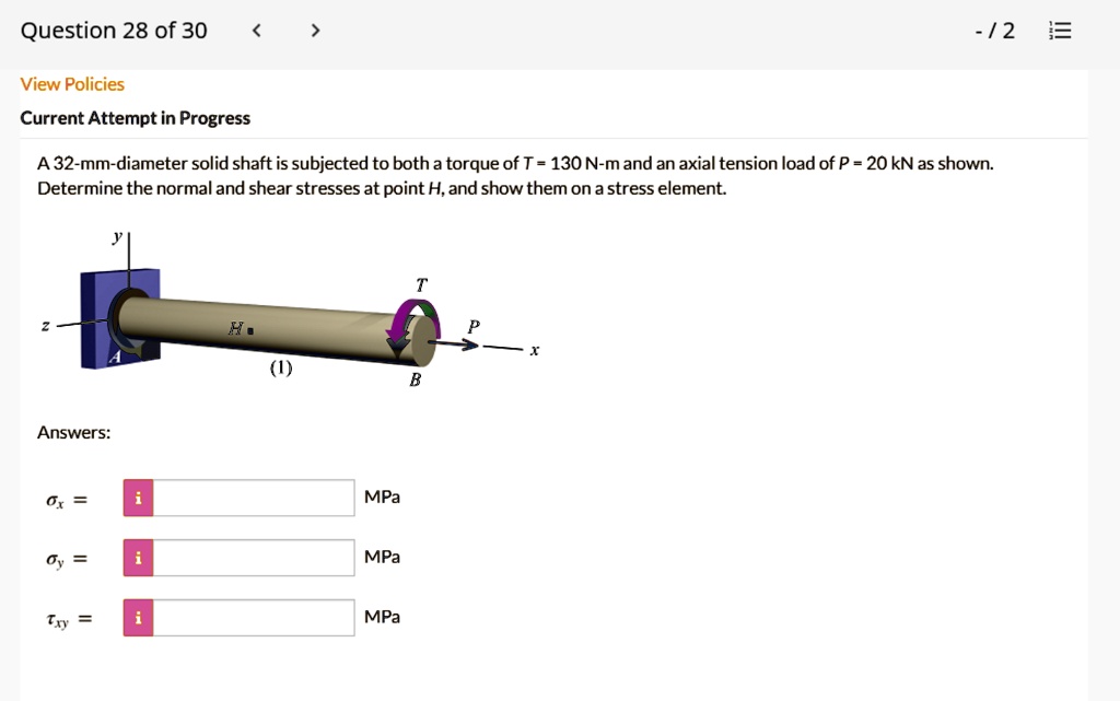 Question 28 of 30 View Policies Current Attempt in Progress A 32-mm-diameter solid shaft is ...