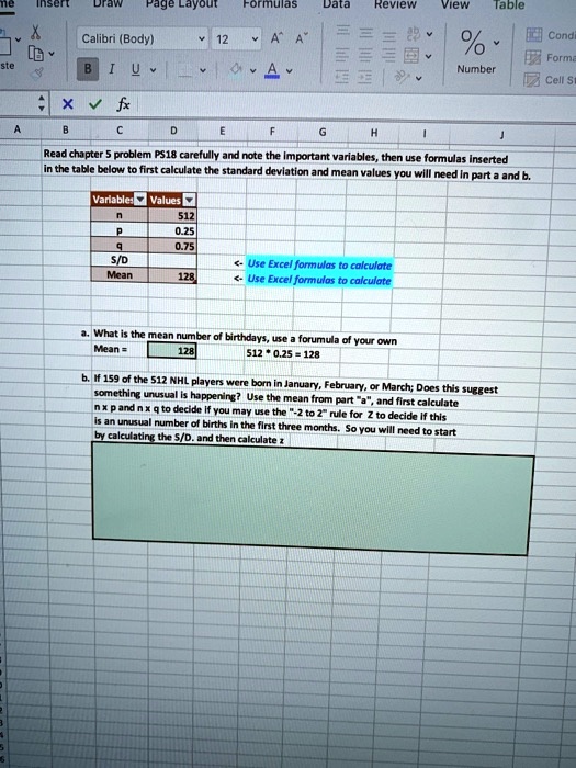 SOLVED: Page Layout Formulas Data Review View Table Calibri (Body) Cond Form Number Cell Read ...