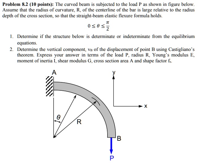 Problem 8.2 (10 points): The curved beam is subjected to the load P as shown in figure below ...