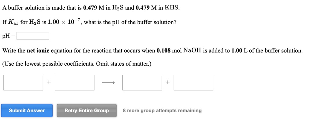 A buffer solution is made that is 0.479 M in H2S and 0.479 M in KHS. If ...