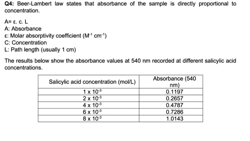 [GET ANSWER] q4 beer lambert law states that absorbance of the sample ...