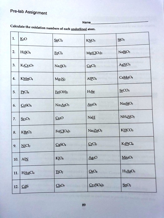 SOLVED: Pre-lab Assignment Name Calculate the oxidation numbers cach ...