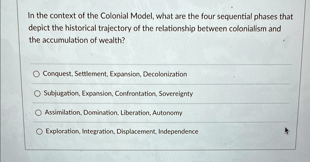 SOLVED: In the context of the Colonial Model, what are the four ...