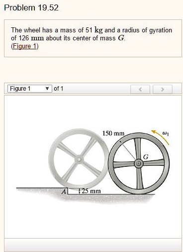 Problem 19.52 The wheel has a mass of 51 kg and a radius of gyration of ...