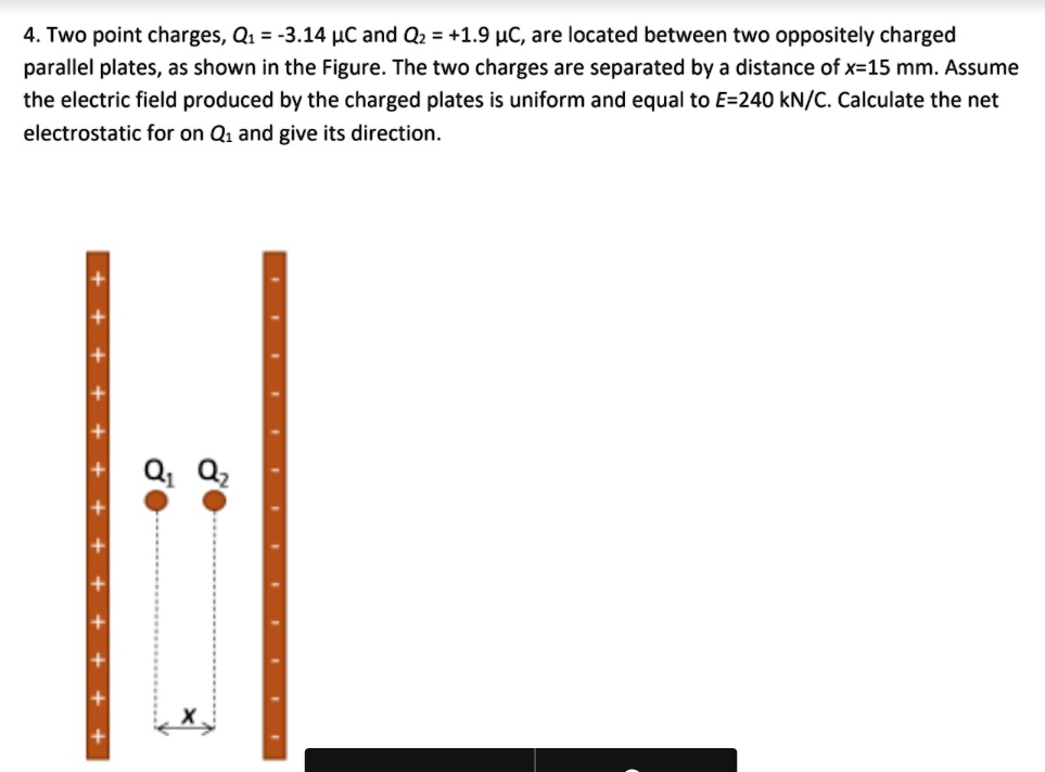 SOLVED: 4. Two point charges, Q1 = -3.14 AC and Qz = +1.9 UC, are located between two oppositely ...