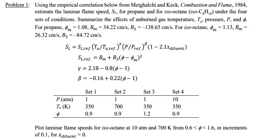 SOLVED: Problem 1: Using the empirical correlation below from Metghalchi and Keck, Combustion ...
