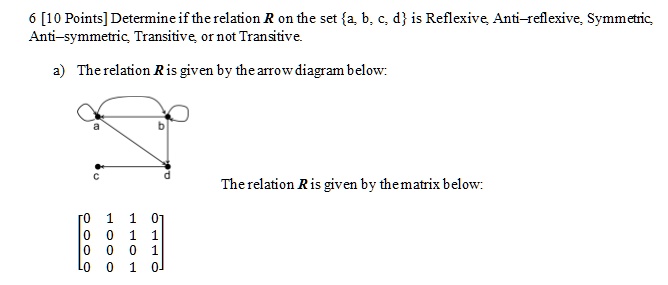 Solved [10 Points] Determine If The Relation R On The Set A B D Is Reflexive Anti Reflexive