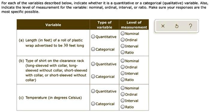 for each of the variables described below indicate whether quantitative or categorica ...