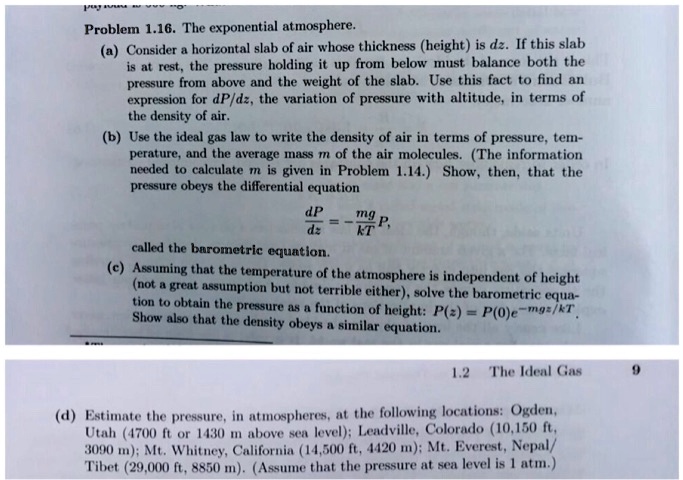 Problem 1.16. The exponential atmosphere. (a) Consider a horizontal ...