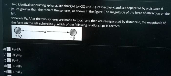 SOLVED: Two identical conducting spheres are charged to +2Q and -Q (much greater than the radius ...