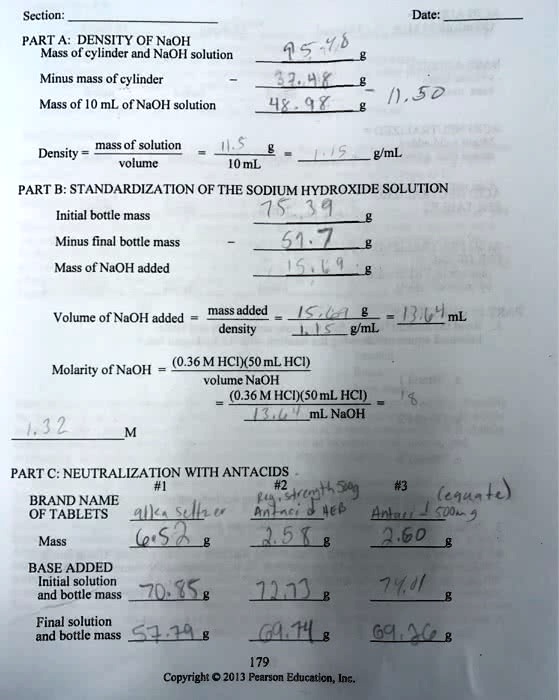 Section: Date: PART A: DENSITY OF NaOH Mass of cylinder and NaOH ...