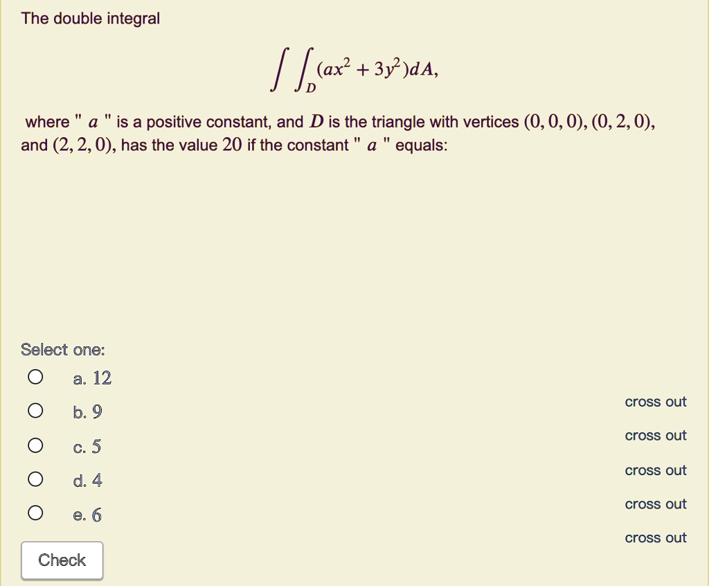 SOLVED: The double integral (ax^2 + 3y)dA, where a is a positive ...