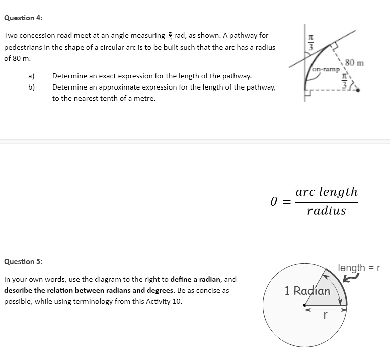 SOLVED: Question 4: Two concession road meet at an angle measuring rad ...