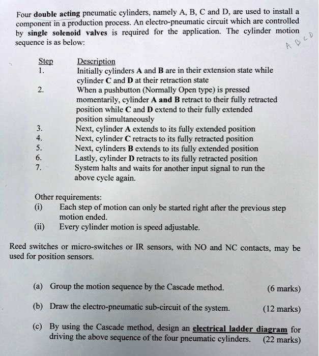 SOLVED: Four double-acting pneumatic cylinders, namely A, B, C, and D, are used to install a ...