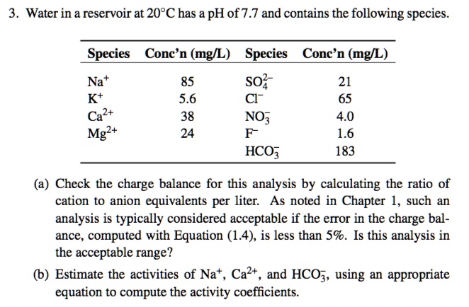 SOLVED: Water in a reservoir at 20Â°C has a pH of 7.7 and contains the following species ...