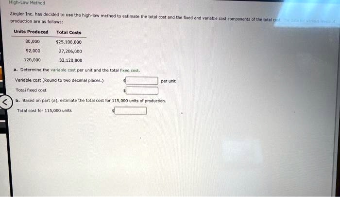 SOLVED: High-Low Method Ziegler Inc. has decided to use the high-low method to estimate the ...