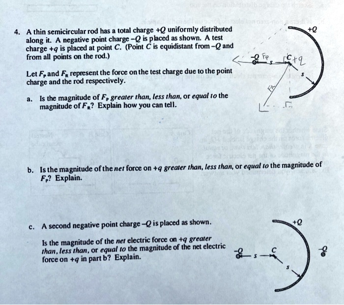 a thin semicircular rod has total charge q uniformly distributed along it a negative point ...