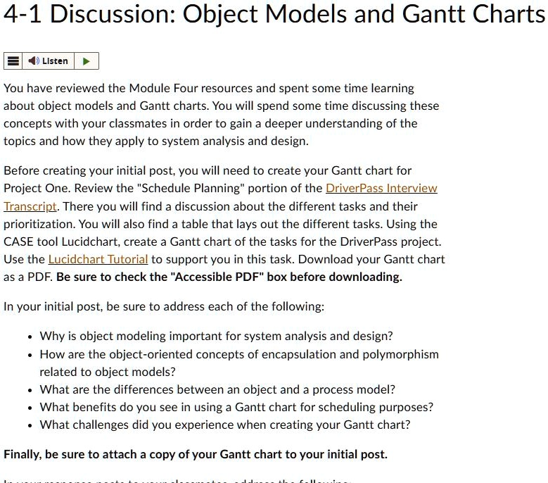 4-1 Discussion: Object Models and Gantt Charts Listen You have reviewed ...