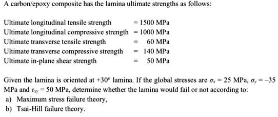 A carbon/epoxy composite has the lamina ultimate strengths as follows ...