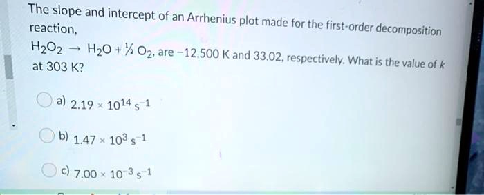 SOLVED: The slope and intercept of an Arrhenius plot reaction, made for ...