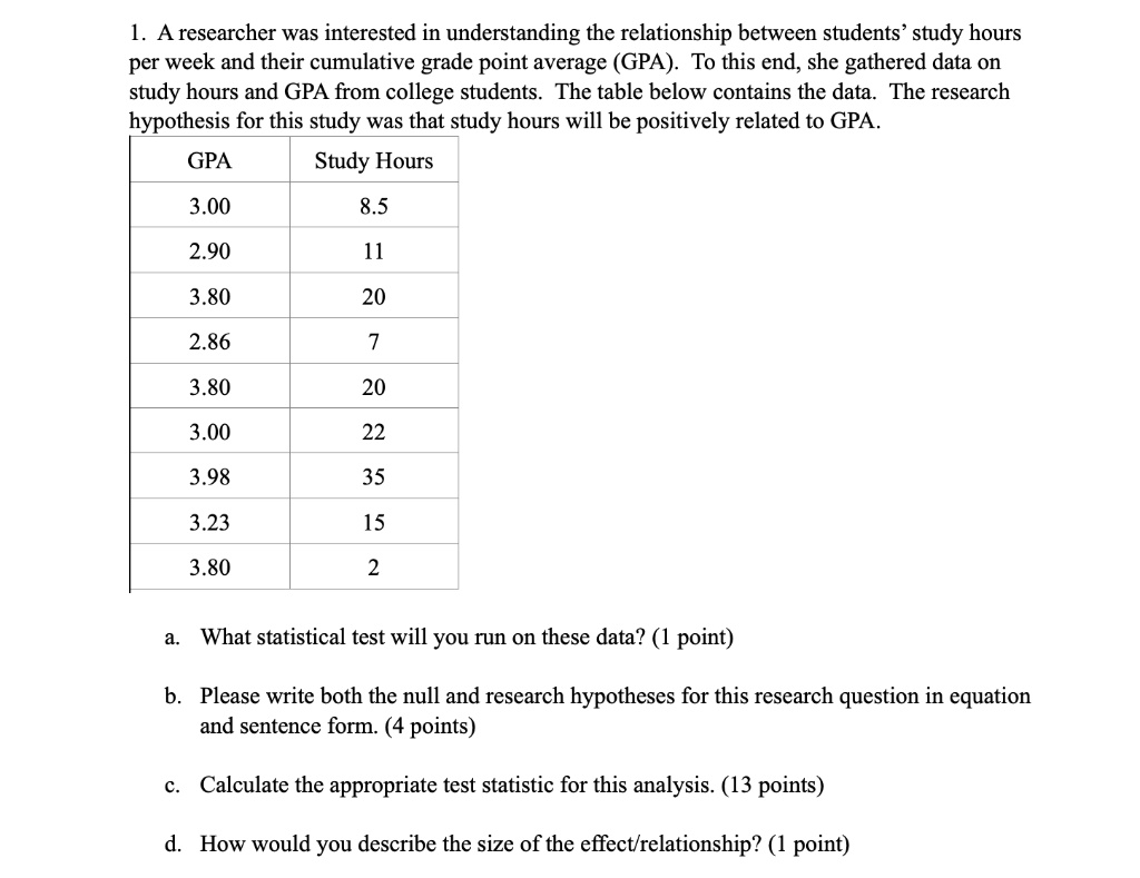 A researcher was interested in understanding the relationship between students' study hours per ...