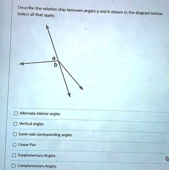 SOLVED: Describe the relation ship between angles a and b shown in the Select all that apply ...