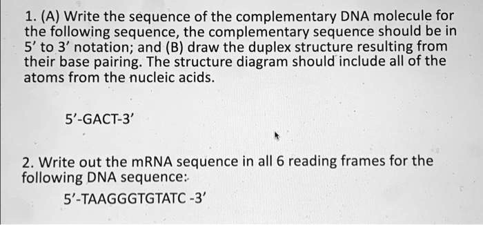 SOLVED: (A) Write the sequence of the complementary DNA molecule for ... SOLVED: (A) Write the sequence of the complementary DNA molecule for ...