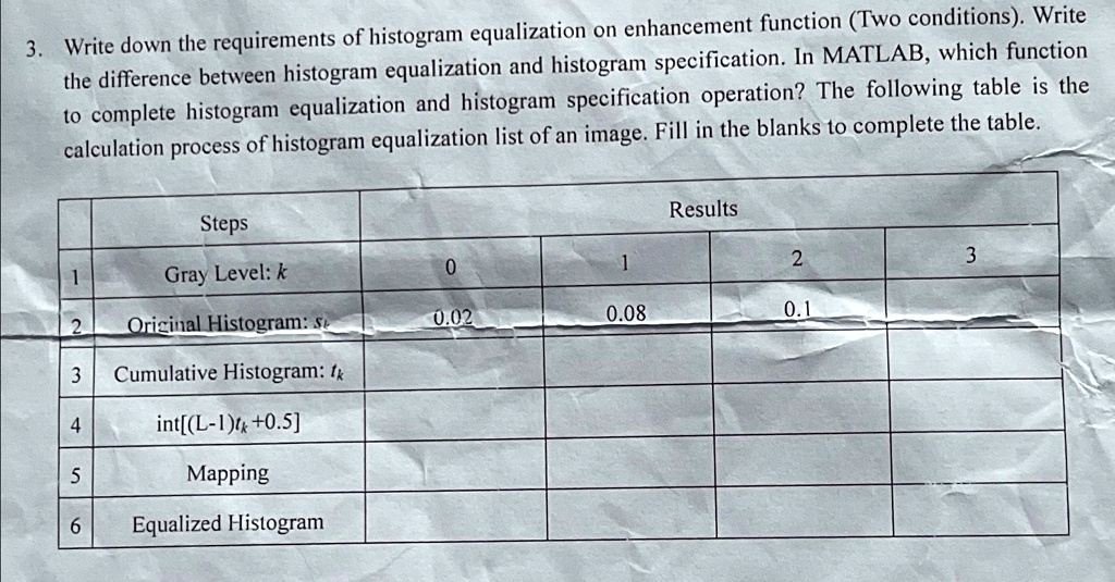 SOLVED: Write down the requirements of histogram equalization on ... SOLVED: Write down the requirements of histogram equalization on ...
