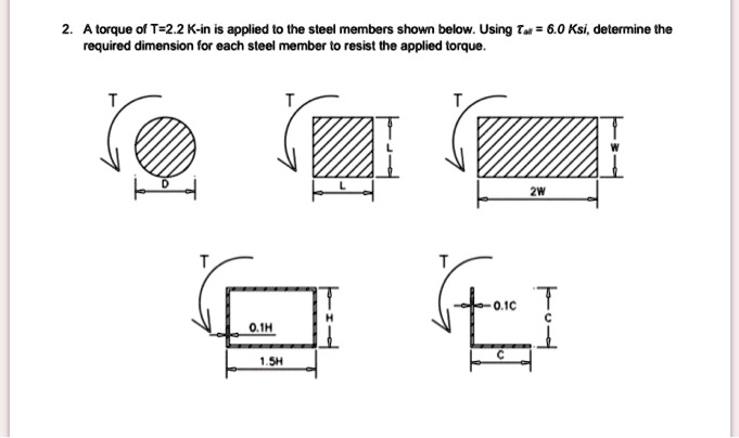 SOLVED: A torque of T = 2.2 K-in is applied to the steel members shown ...