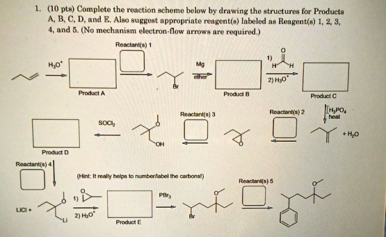 1. (10 pts) Complete the reaction scheme below by drawing the structures for Products A, B, C, D ...