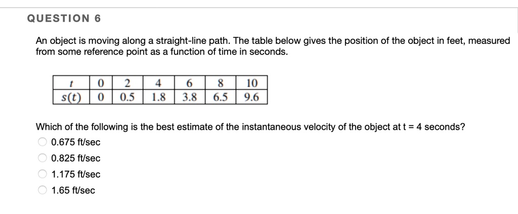 SOLVED: ' QUESTION An object is moving along a straight-line path. The table below gives the ...