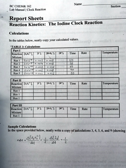 SOLVED: BC CHEM 162 Lab Manual - Clock Reaction Section Report Sheets: Reaction Kinetics - The ...