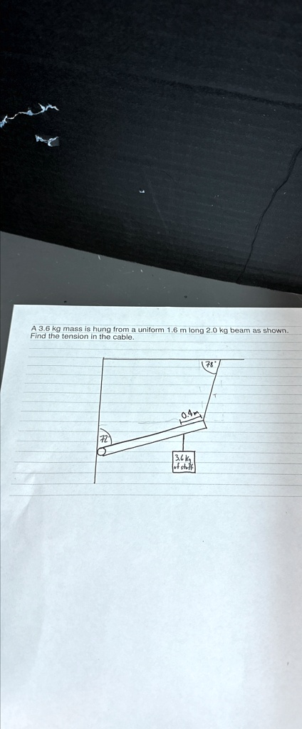 750863A 3.6kg mass is hung from a uniform 1.6m long 2.0kg beam as shown. Find the tension in the ...