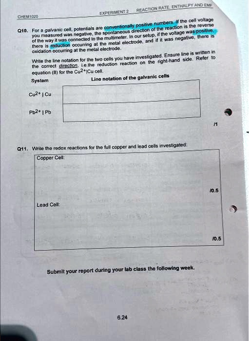 CHEM1020 EXPERIMENT 2 REACTION RATE ENTHALPY AND EMF Q10. For a ...