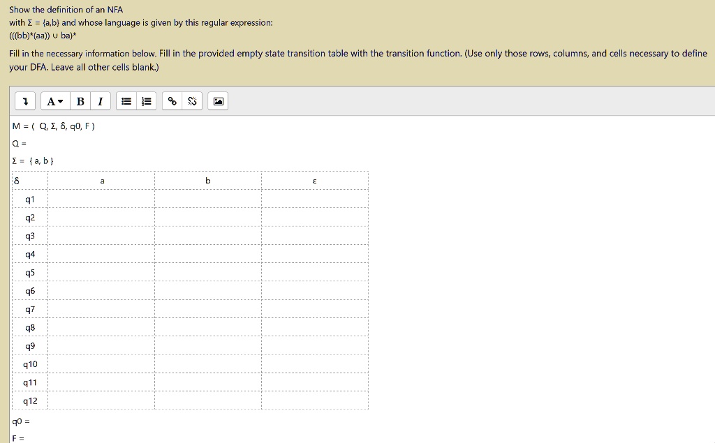 SOLVED: Text: Show the definition of an NFA with Î£=a,b and whose language is given by this ...