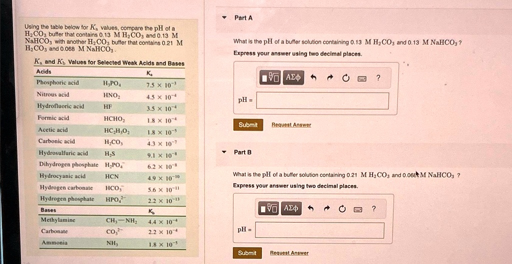 part a using the table below for ka values compare the ph of a h2co3 buffer that contains 013m ...