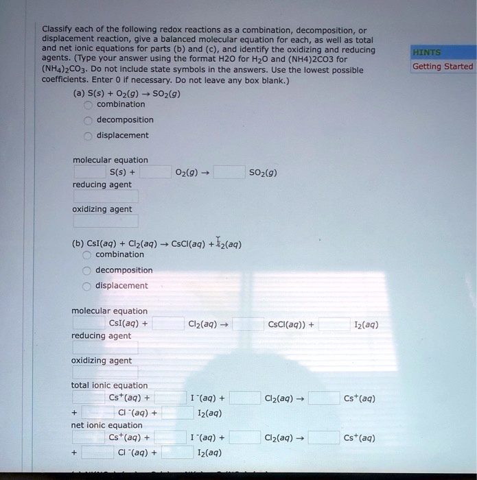 SOLVED: Classify each of the following redox reactions as combination, decomposition ...