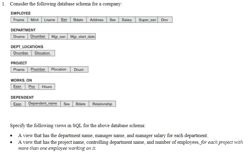 Consider the following database schema for company: EMPLOYEE Fname Minit Lname Ssn Bdate Address ...