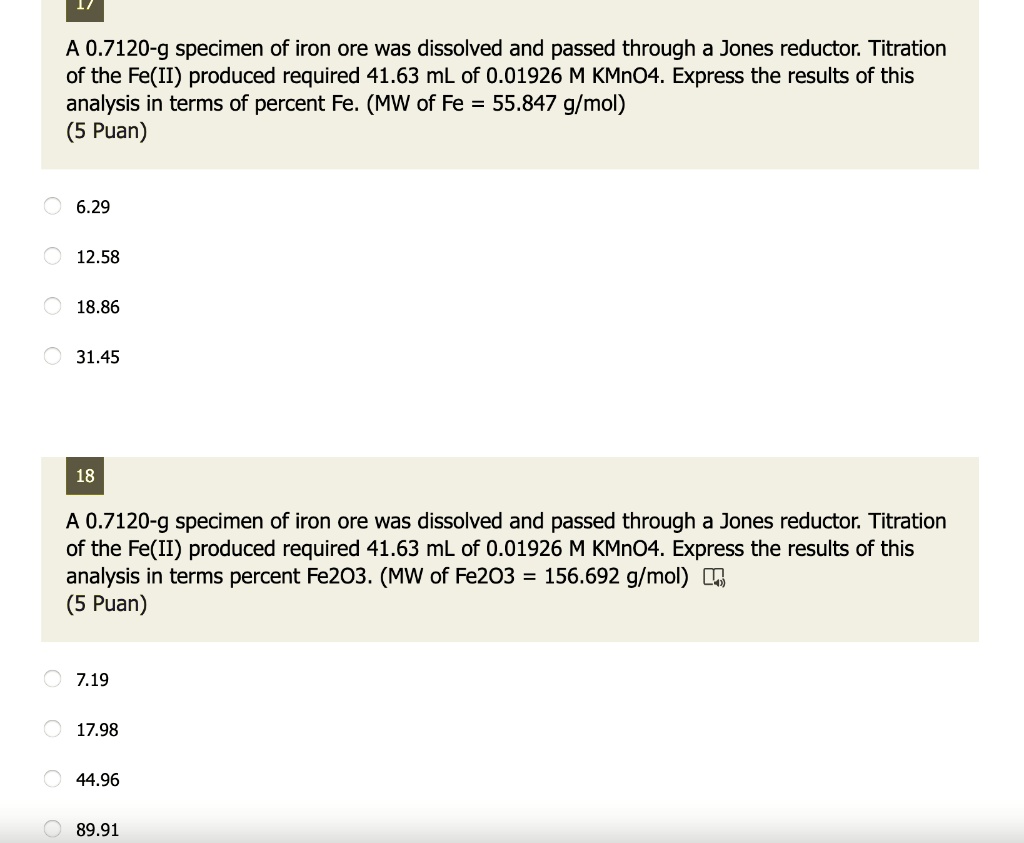 07120 g specimen of iron ore was dissolved and passed through a jones ...
