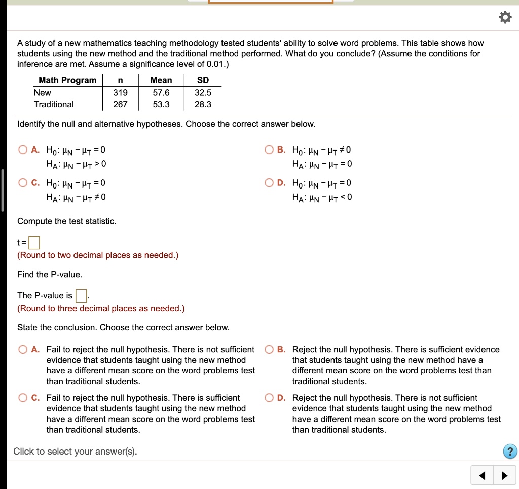 SOLVED: A study of a new mathematics teaching methodology tested ...