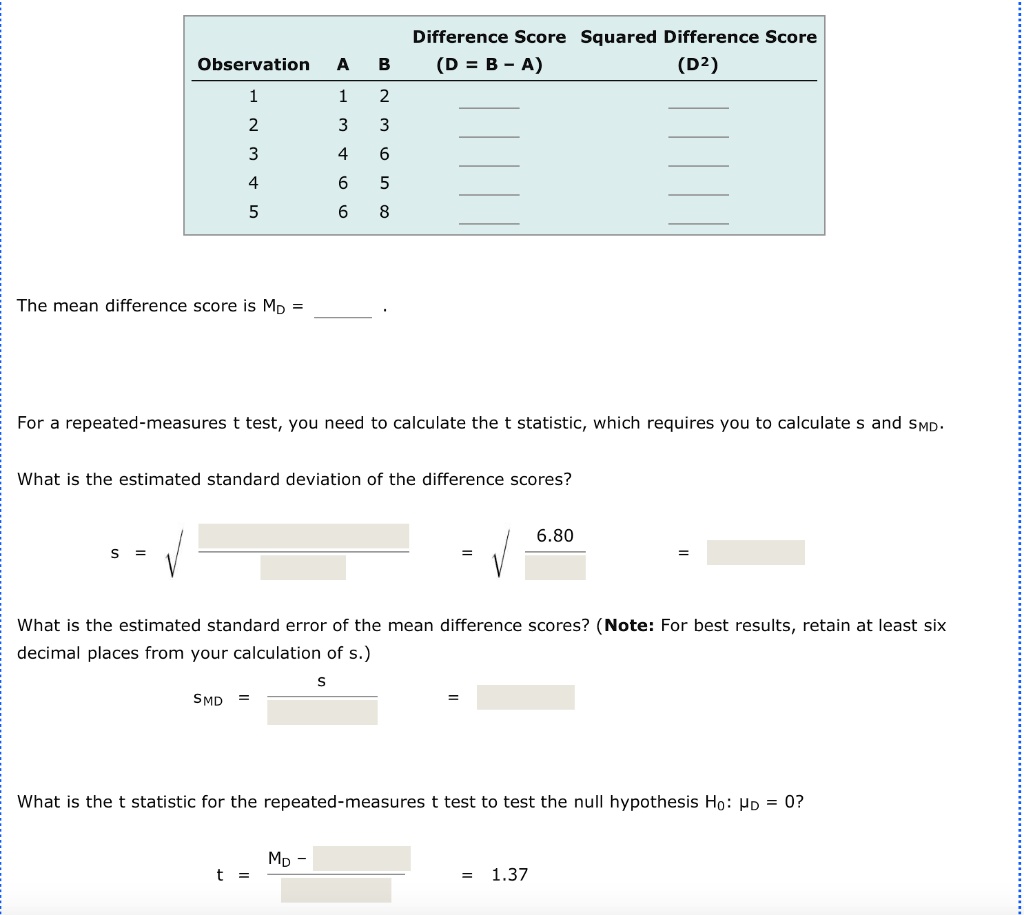 Solved Difference Score Squared Difference Score D B A D2