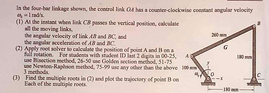 SOLVED: In the four-bar linkage shown, the control link OA has a counter-clockwise constant ...