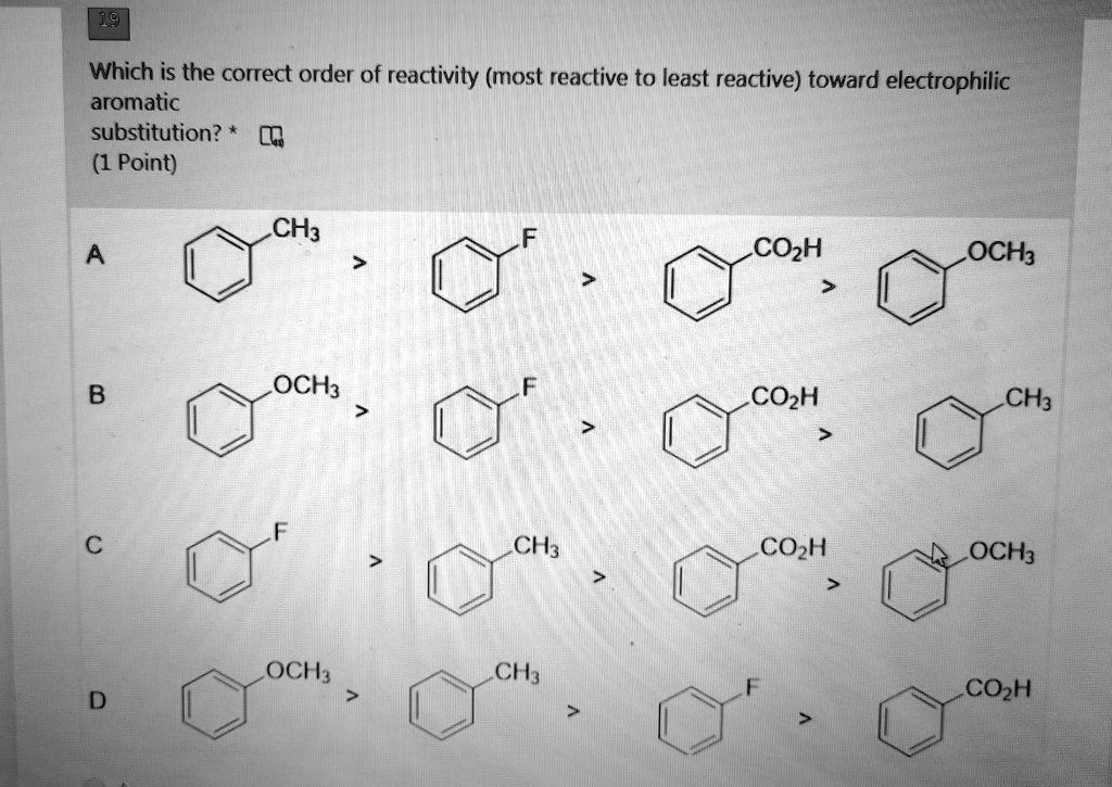 SOLVED: Which is the correct order of reactivity (most reactive to least reactive) toward ...