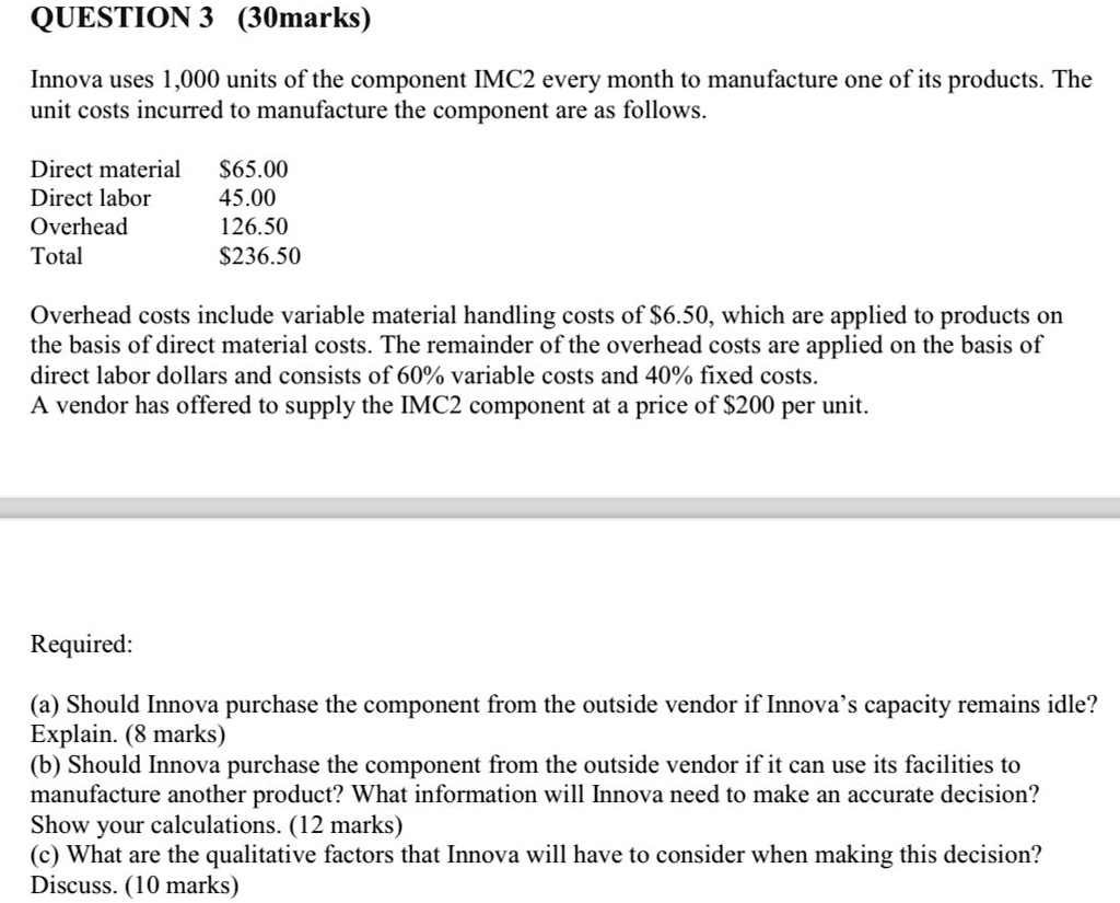 SOLVED: QUESTION 3 (30 marks) Innova uses 1,000 units of the component IMC2 every month to ...