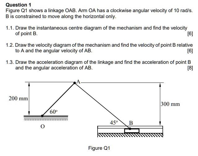 Question 1 Figure Q1 shows a linkage OAB. Arm OA has a clockwise angular velocity of 10 rad/s. B ...