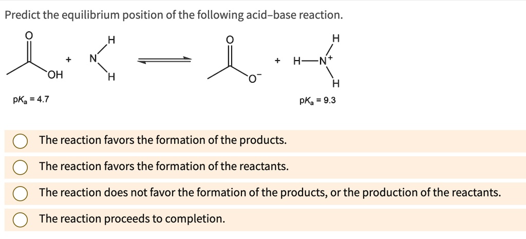 Predict the equilibrium position of the following acid-base reaction. H H ↔pKa = 4.7 + OH H + H ...