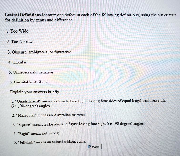 SOLVED: Texts: Lexical Definitions Identify one defect in each of the ...